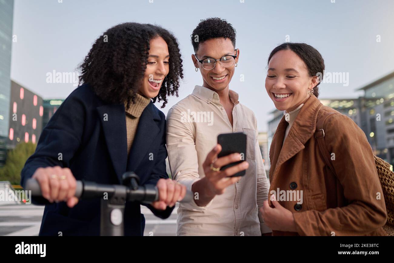 City, scooter and friends with phone in street or outdoors on social ...