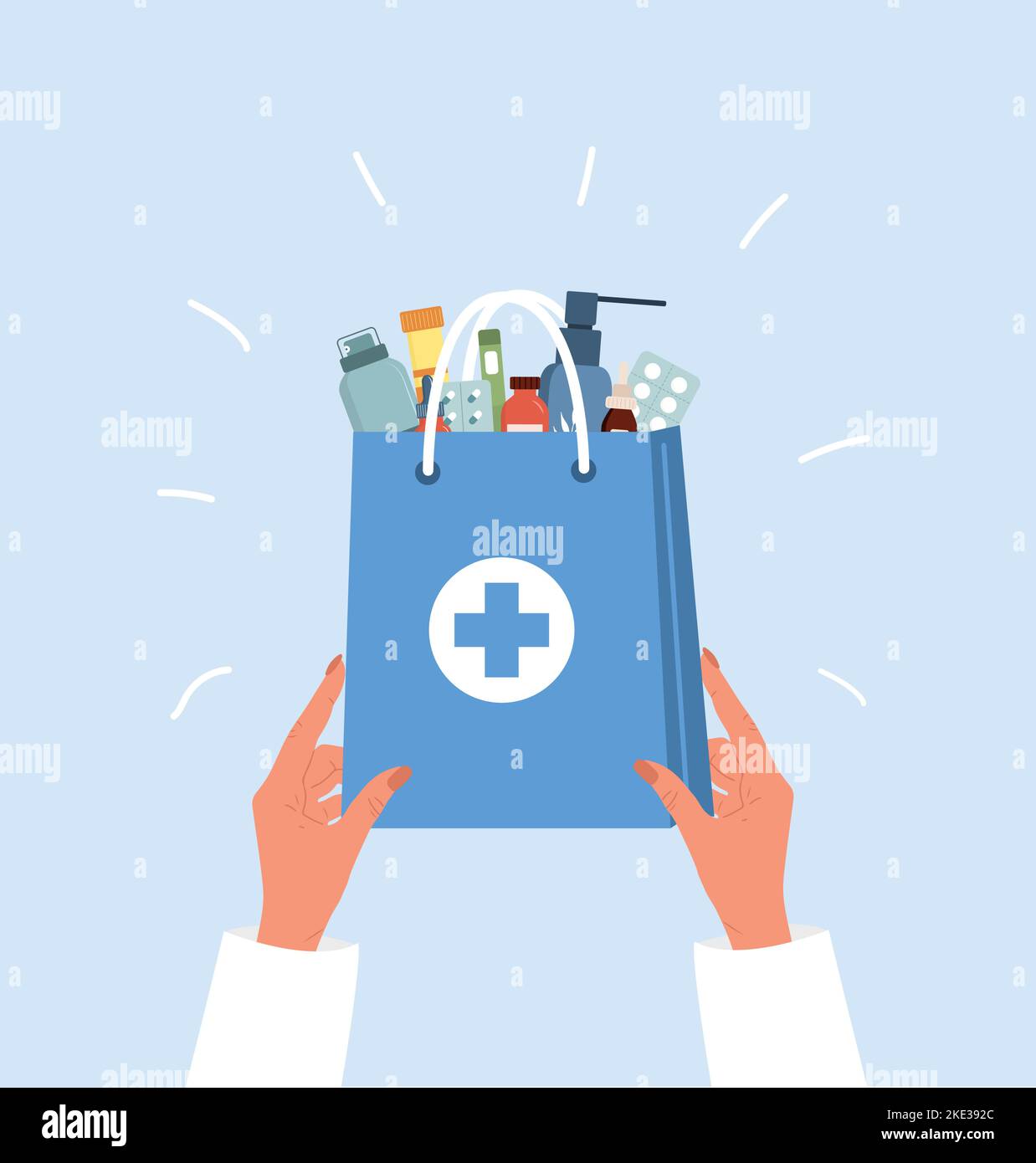 Delivery pharmacy service. Human hands holding paper bag with drugs and ...