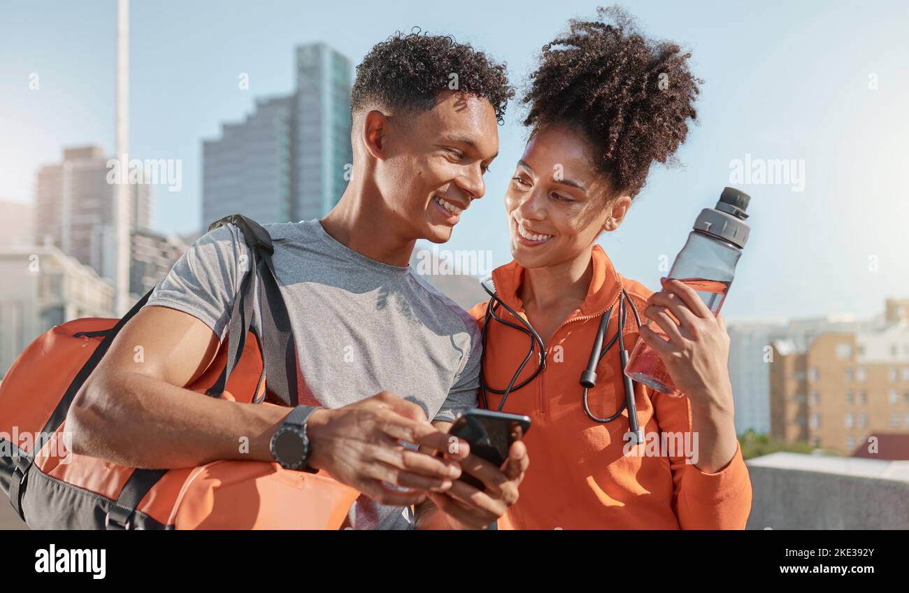 Couple, fitness team or phone in city for fitness management app ...