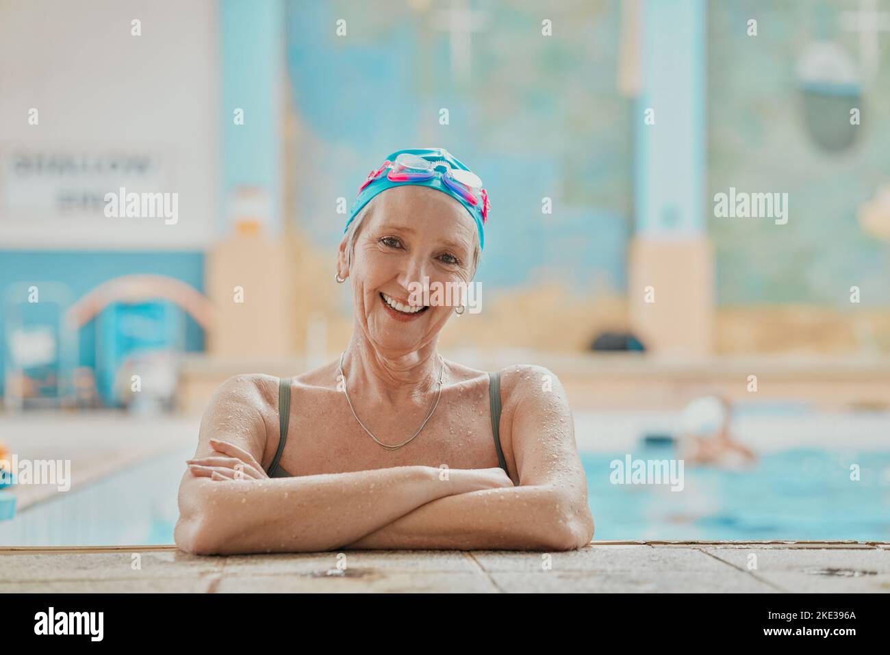 Swimming pool, fun and portrait of a senior woman doing water aerobics ...