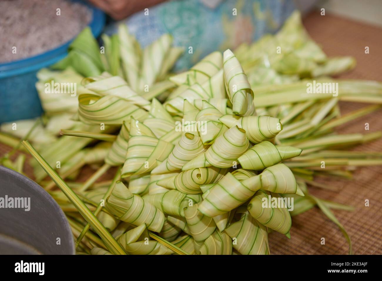 Preparing of the triangular sticky rice wrapped with palm leaf or ...