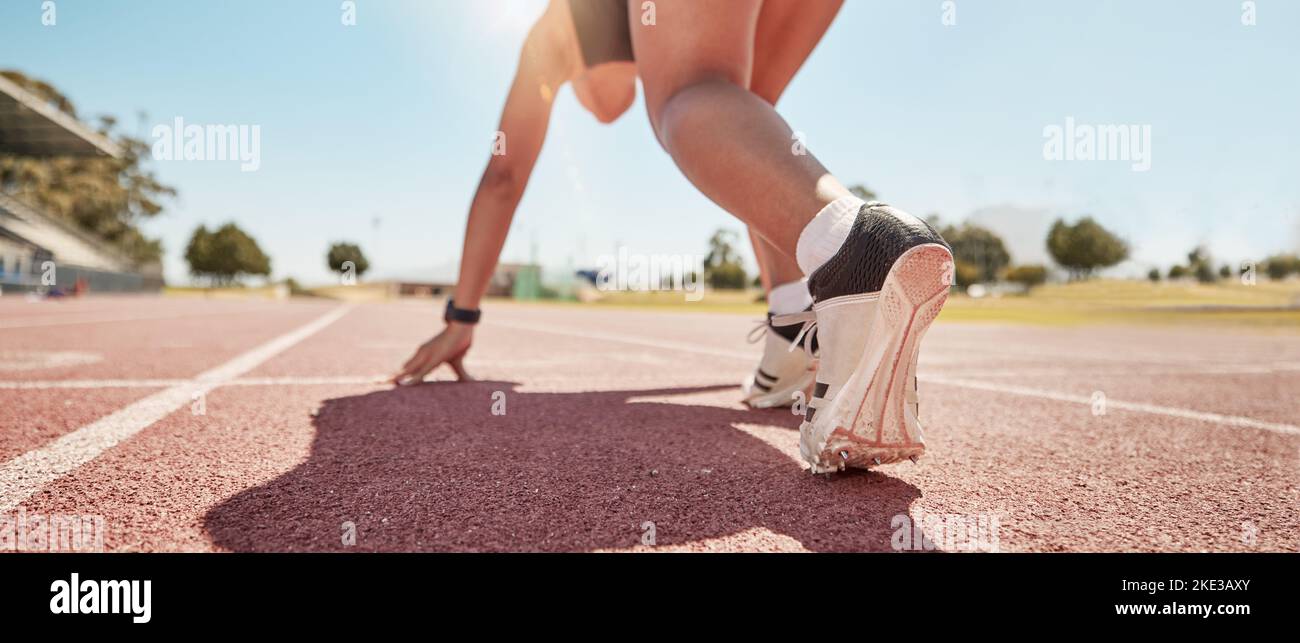 Runner start race, running track and competition, challenge or cardio ...