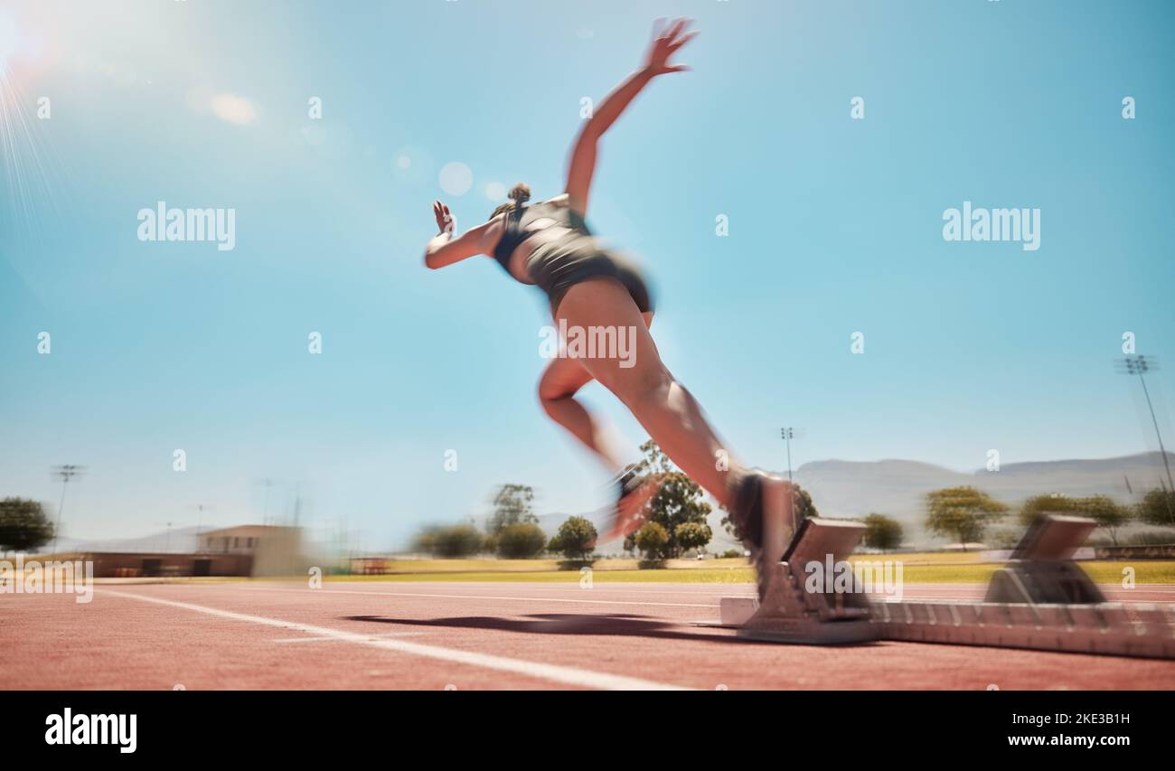 Speed, track start and woman running for marathon race workout, fitness ...