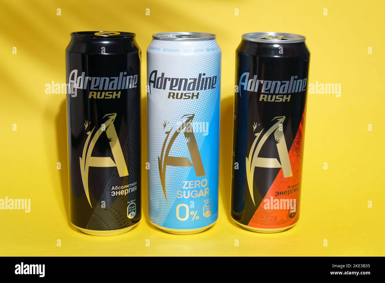 Tyumen, Russia-September 27, 2022: Various energy drinks adrenaline rush. Own brand Adrenaline ...