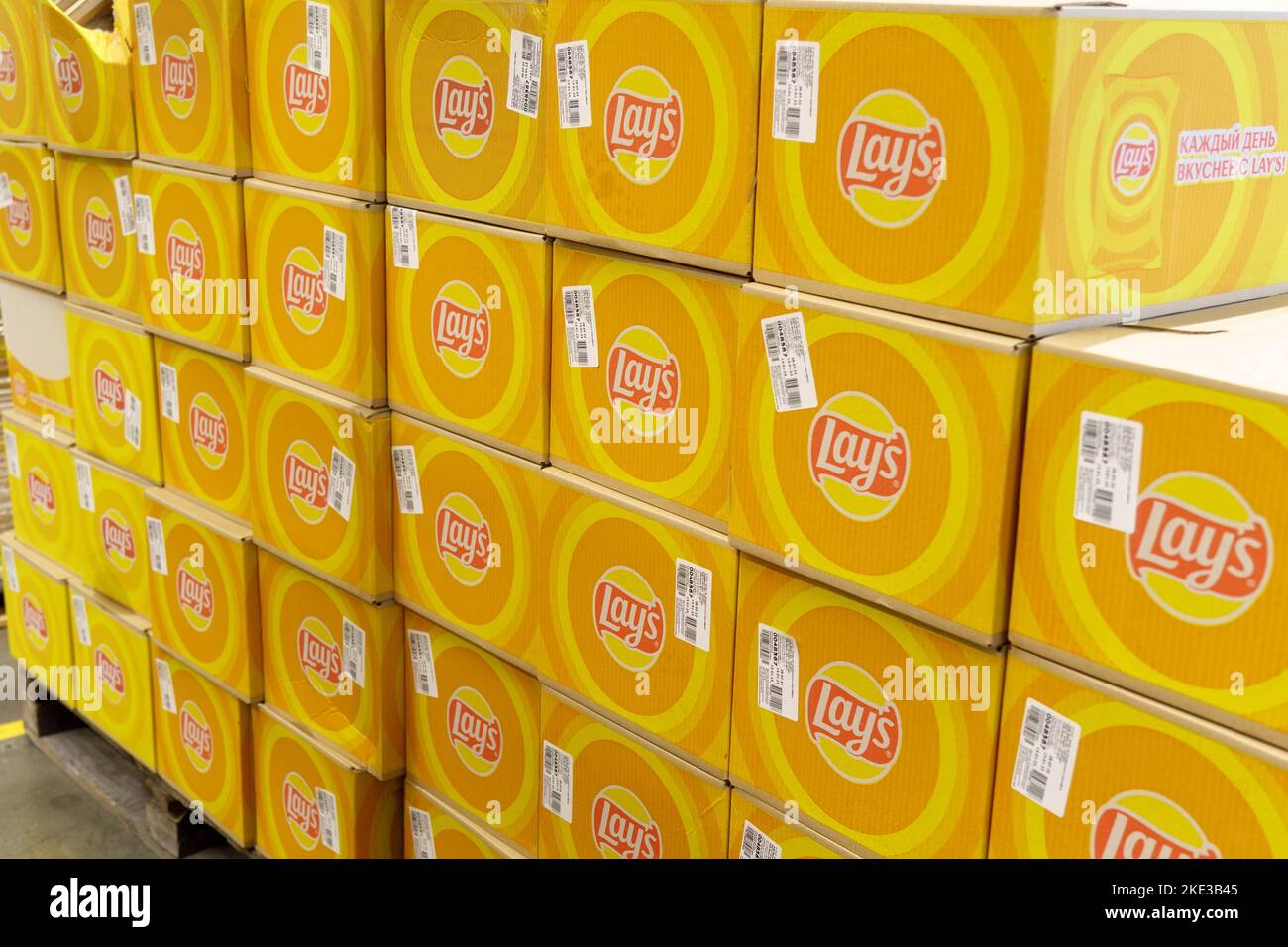 Tyumen, Russia-September 27, 2022: Boxes of lays chips. Popular ...
