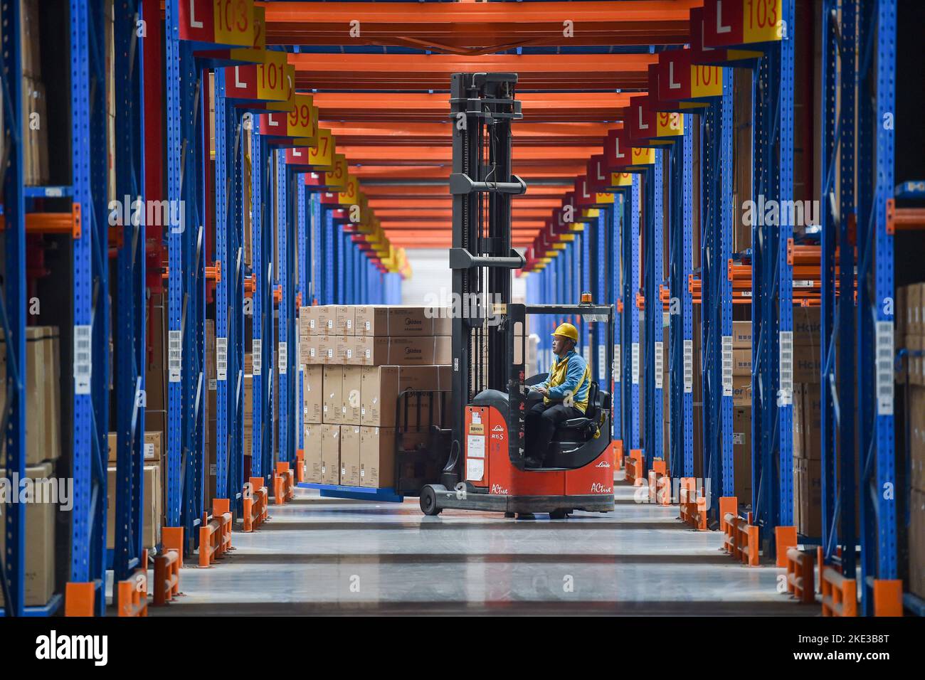 NANJING, CHINA - NOVEMBER 10, 2022 - A worker moves goods with a ...