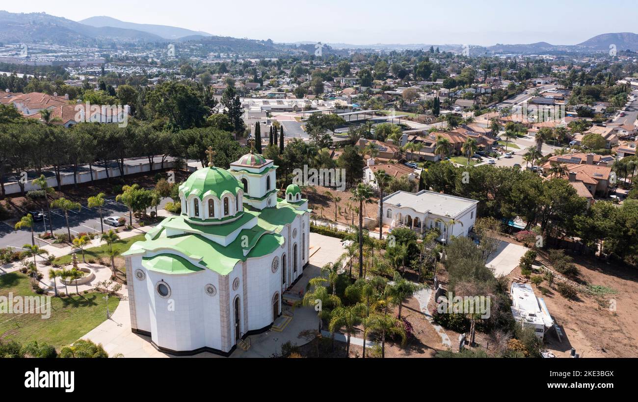 Afternoon aerial view of a church and suburban neighborhood in San ...