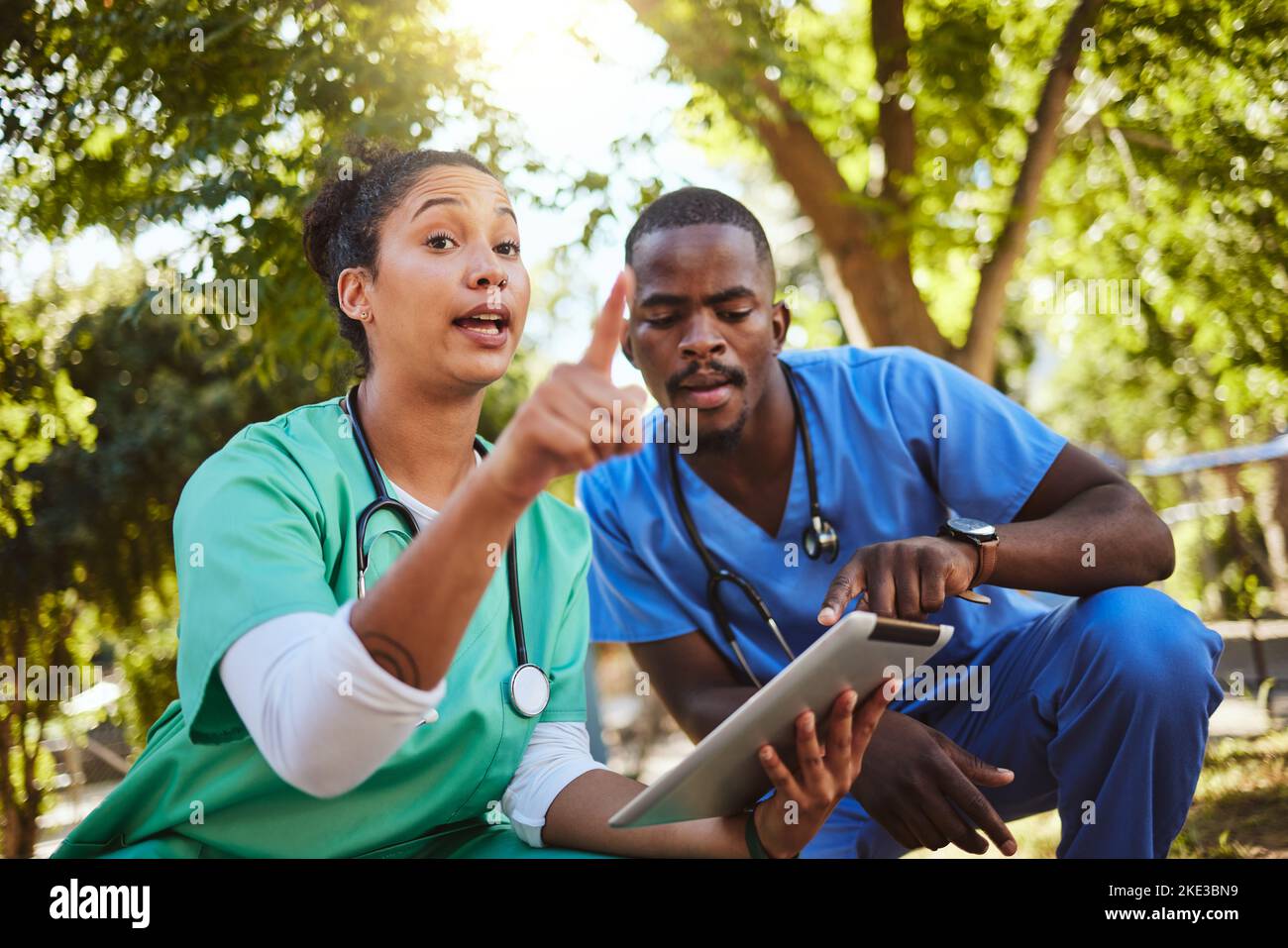 Veterinary, woman and intern working on digital tablet at a farm ...