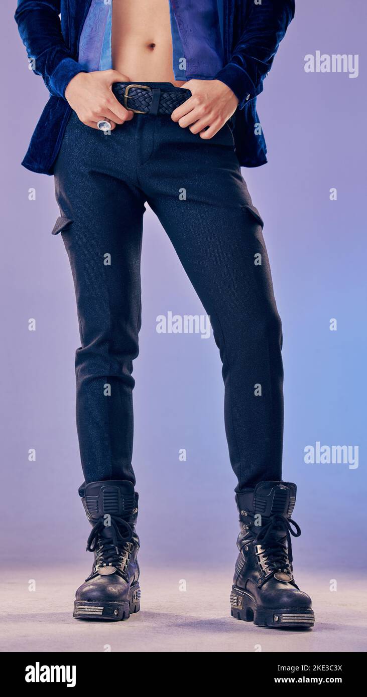 Fashion, shoes and man in studio for vintage, retro and punk style ...