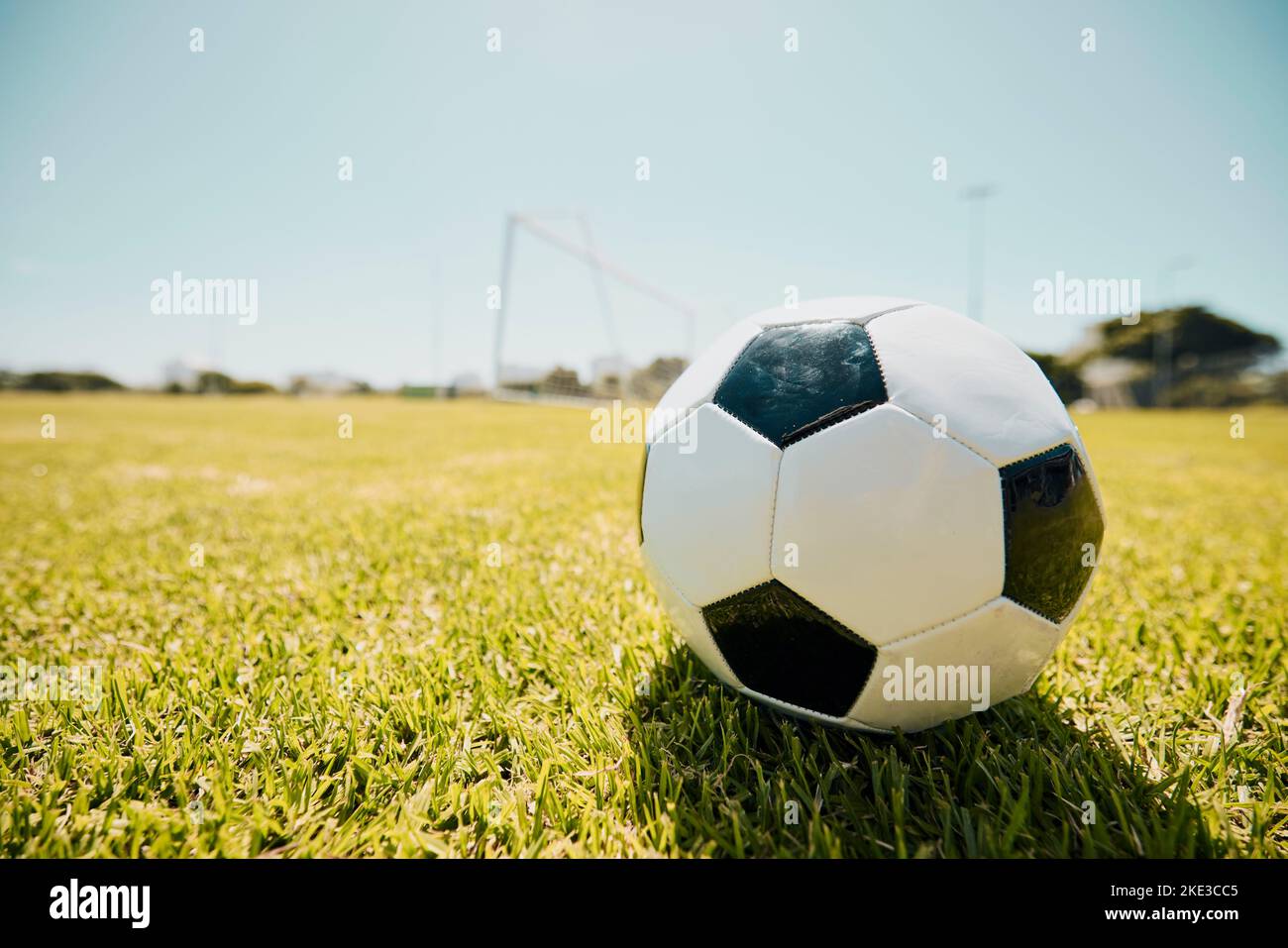 Soccer, sports and fitness with a ball on a grass pitch or field ready ...