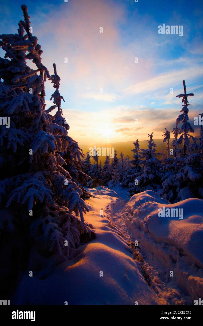 Sunset in winter on Mount Smrk in the Beskydy Mountains in Moravia in ... Sunset in winter on Mount Smrk in the Beskydy Mountains in Moravia in ...