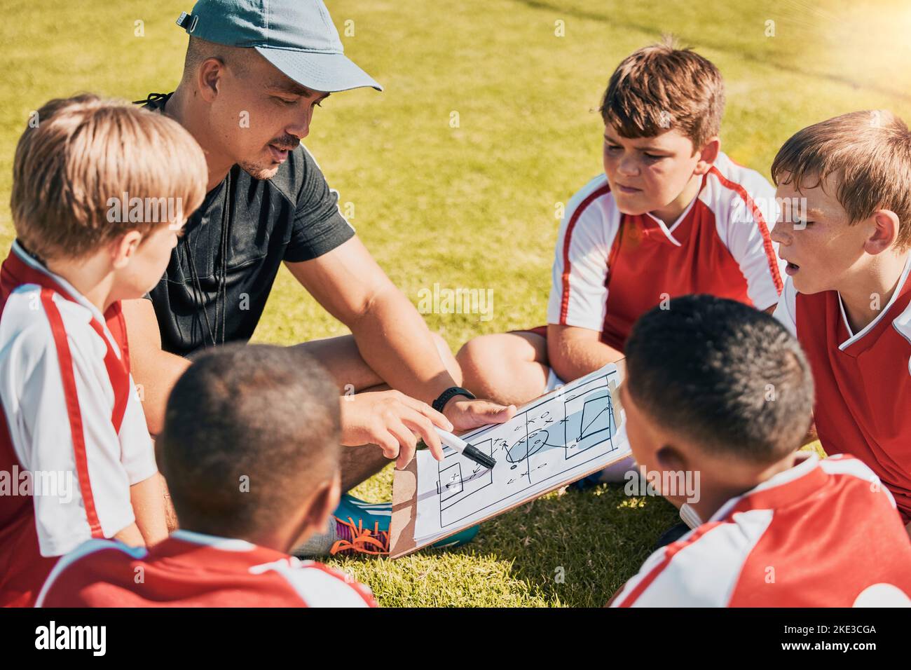 Tactics, children and soccer with a coach and team talking strategy before a game on an outdoor ...