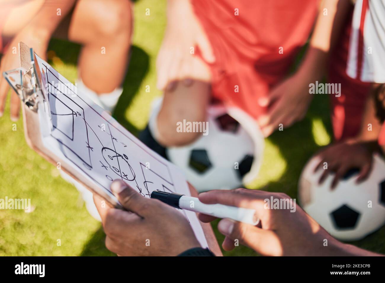 Soccer field strategy, coaching and planning with team for goals ...