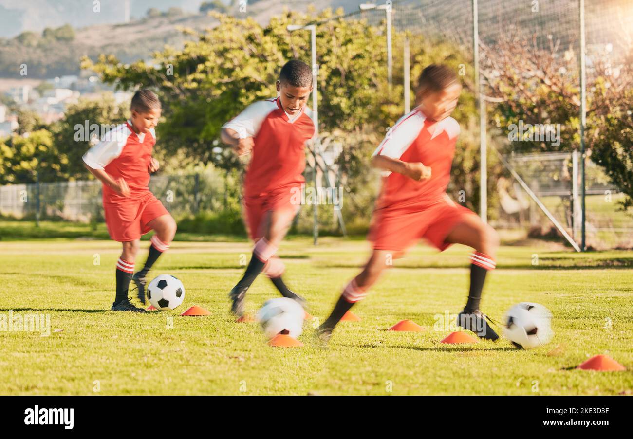 Soccer, football and kids training on soccer field for game, match or ...