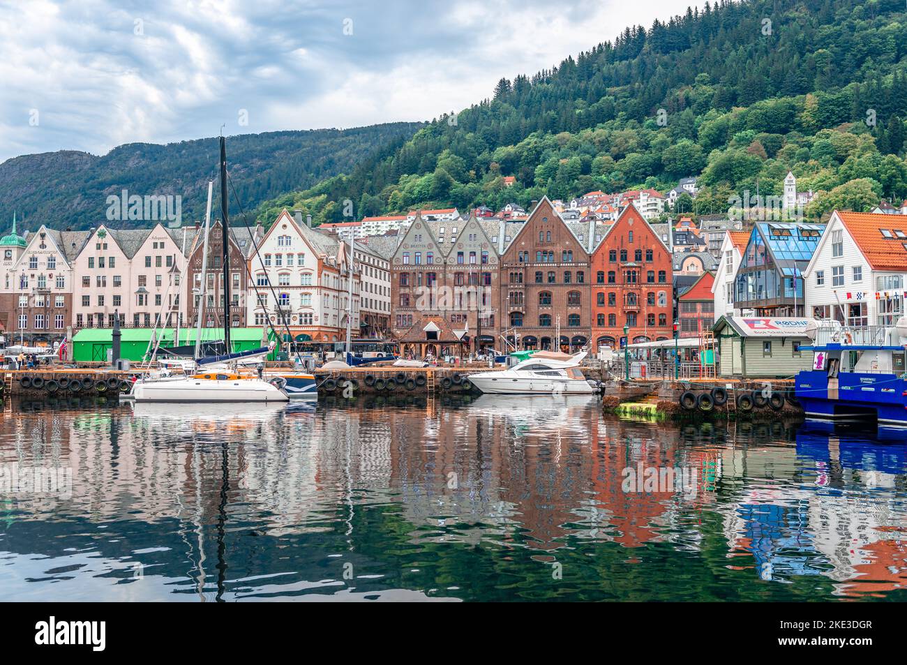 Bergen, Norway - August 15 2022: View of the waterfront and the quays ...