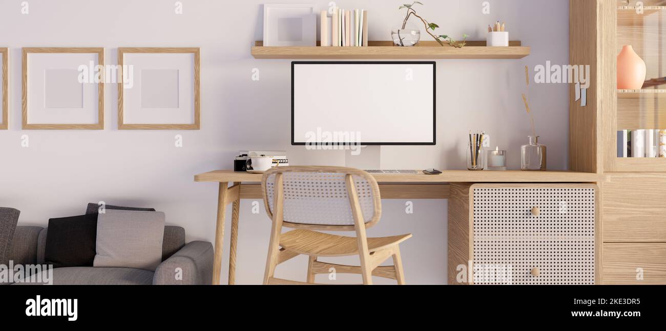 Minimal Scandinavian home working space interior with PC desktop ...