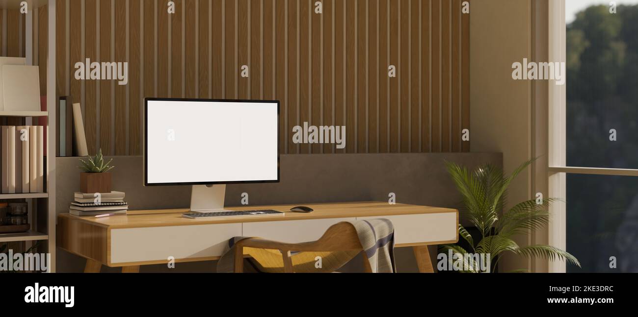 Minimal cozy and contemporary home workspace interior design with PC ...