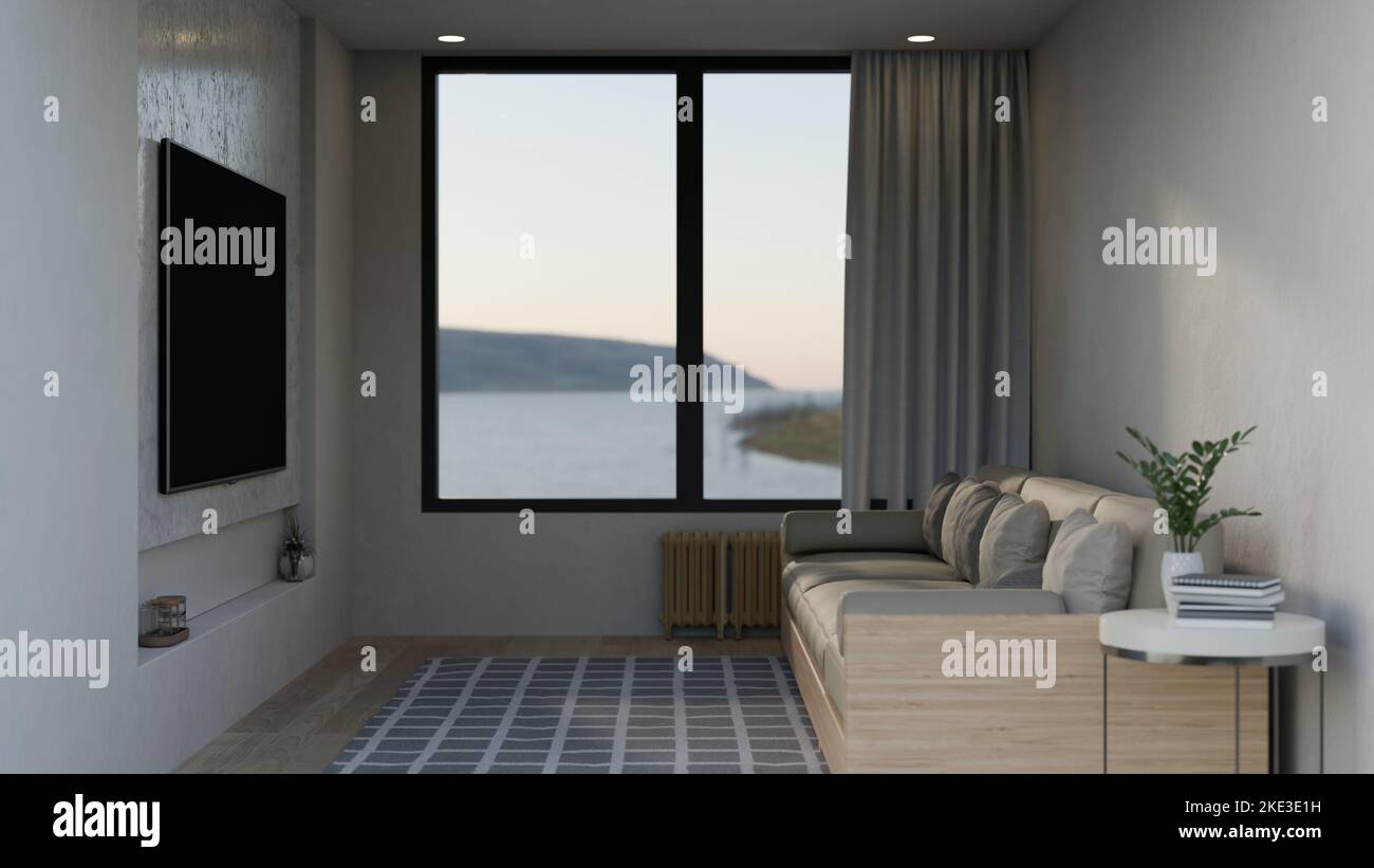 side view, Modern home or apartment living room interior design with ...