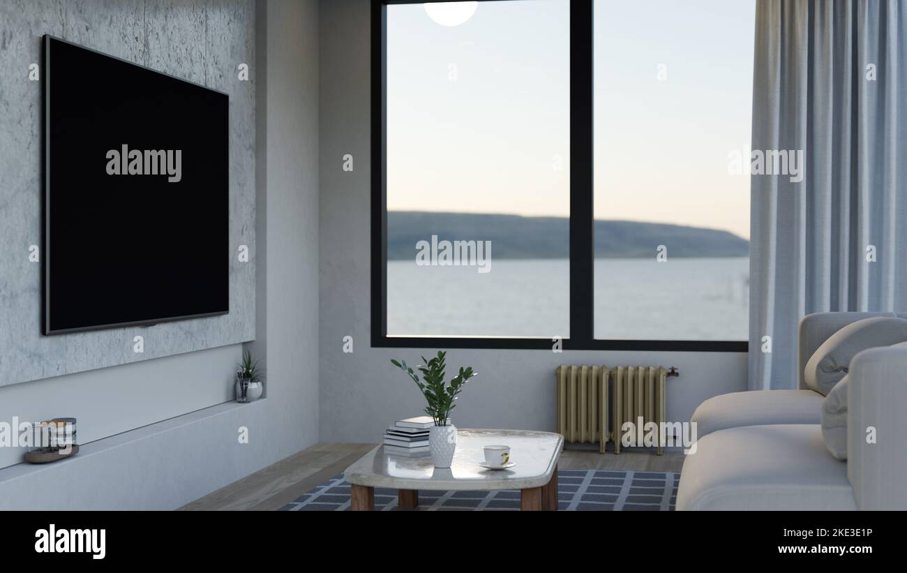 side view, Modern home or apartment living room interior design with ...