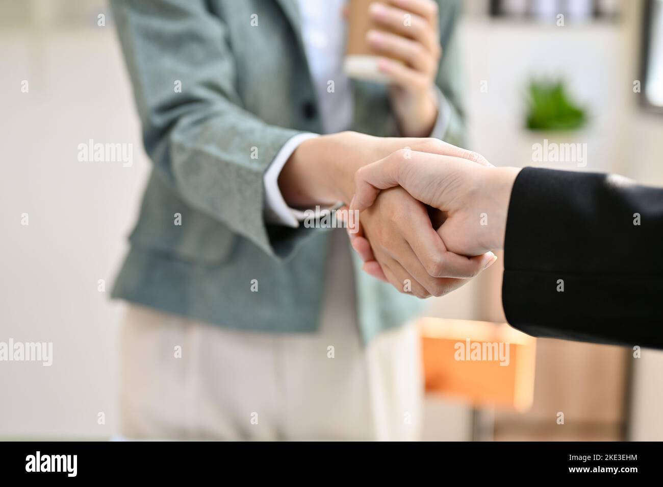 Two Asian businesswomen are shaking hands in the office. business ...