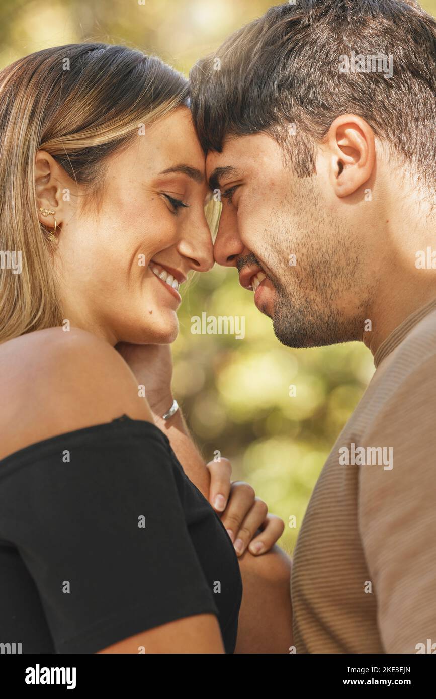 Couple, love and nature park while outdoor for quality time, commitment ...