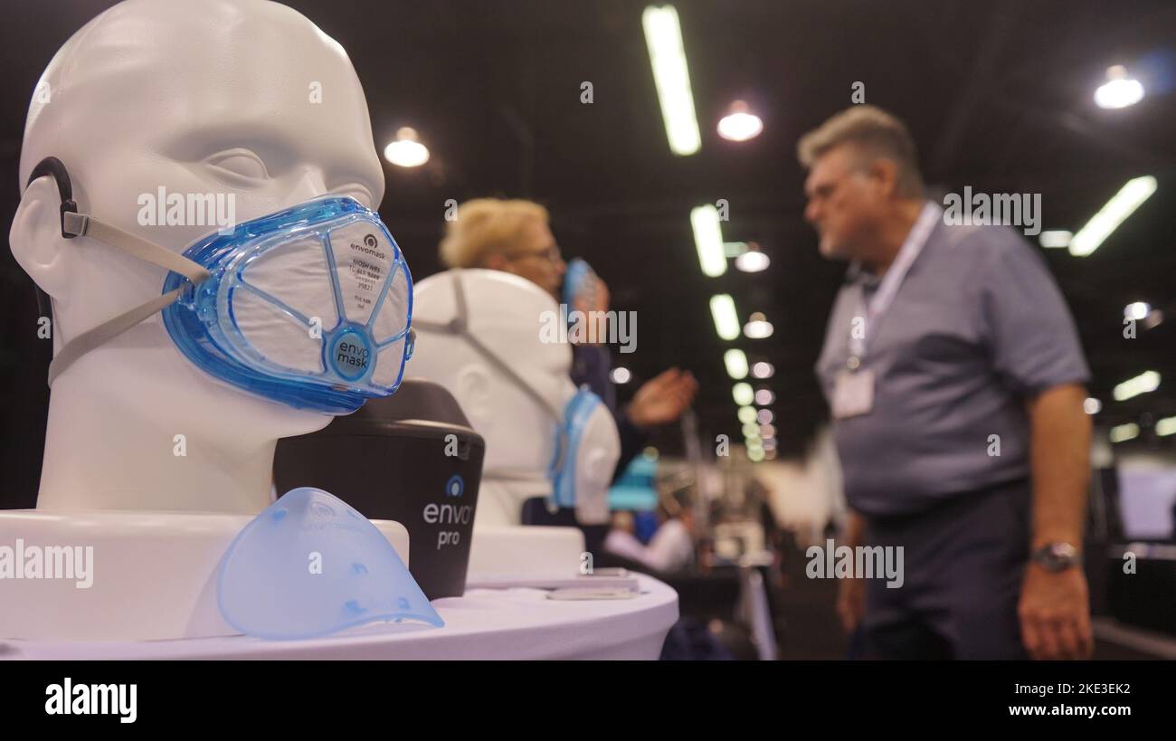 Orange County, USA. 9th Nov, 2022. A visitor views Envo masks at the ...