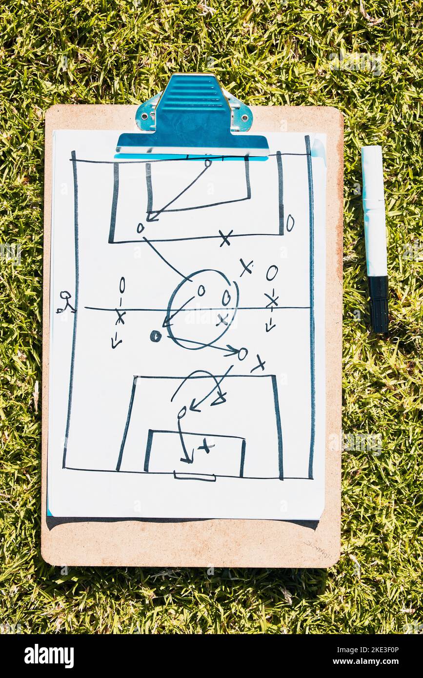 Sports, soccer field and clipboard planning a strategy for a group ...
