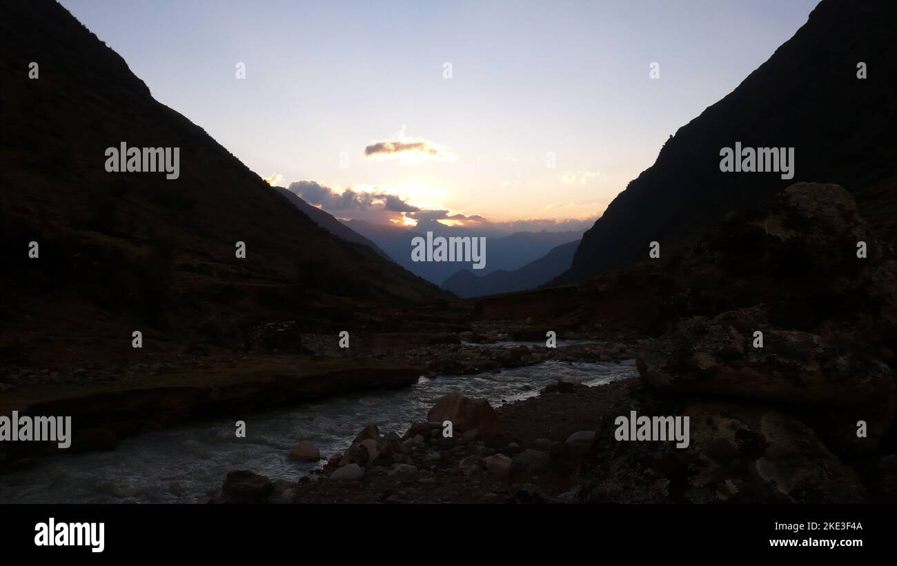 sunset andes mountais valley colorfull beauty trekking Stock Photo - Alamy
