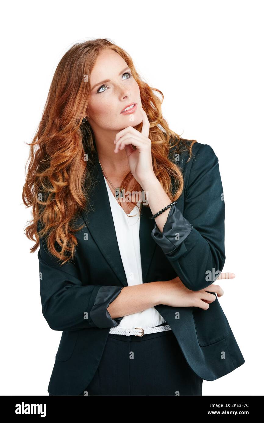 She asks all the important questions. Studio shot of a thoughtful young ...