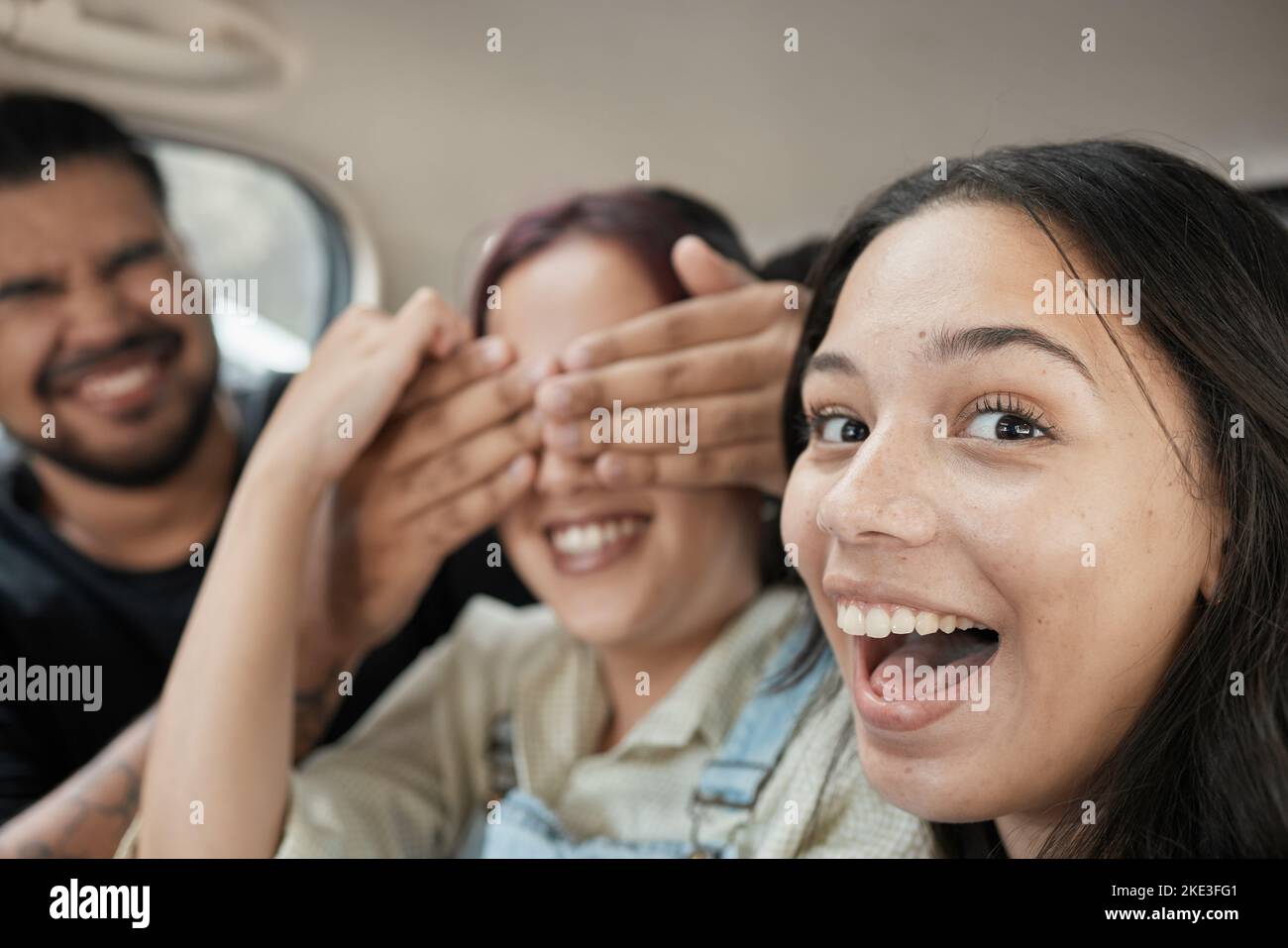 Car, travel and friends selfie by happy, smile and fun people joke ...