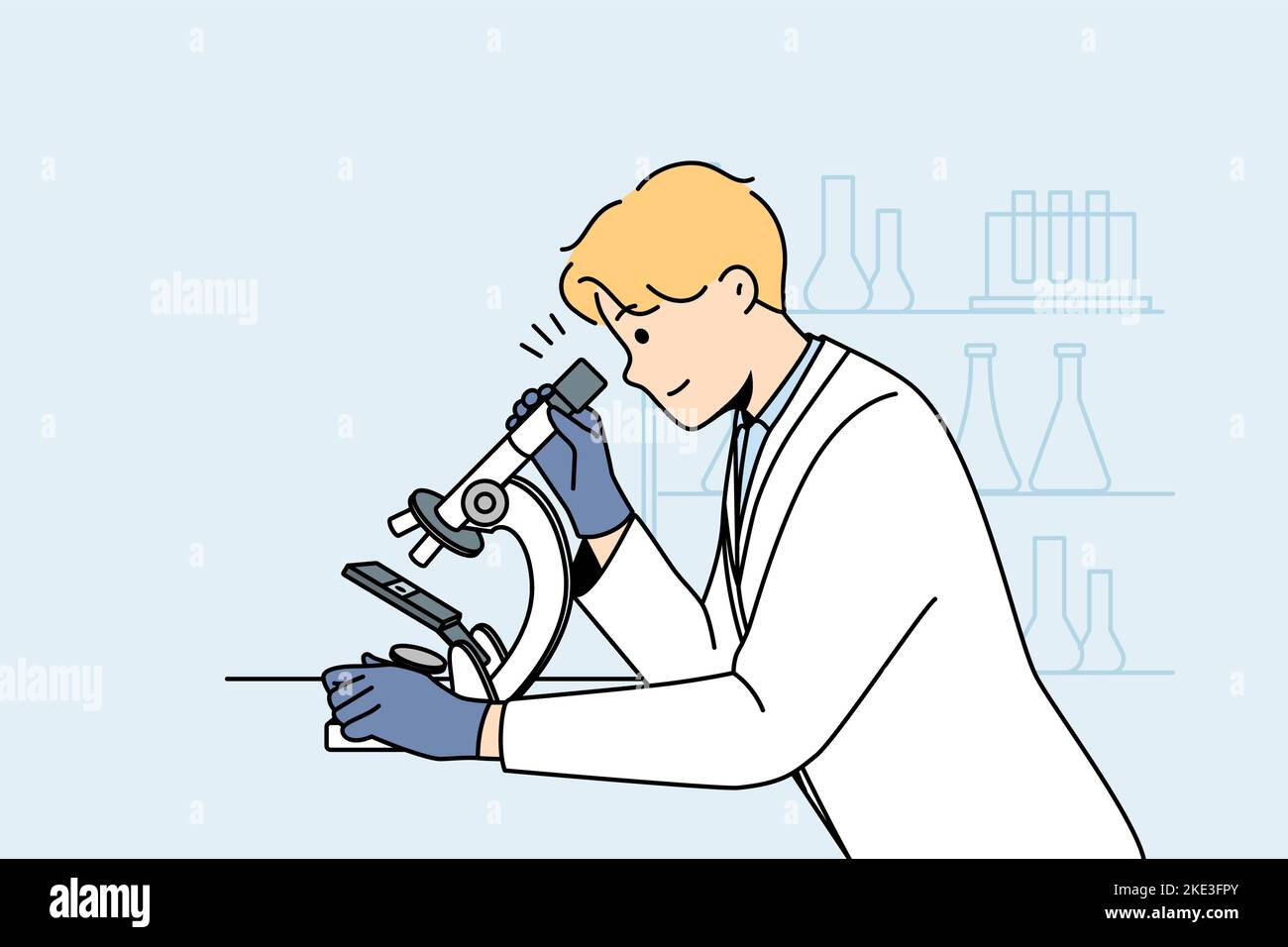 Young man scientist in white medical uniform look at sample in ...