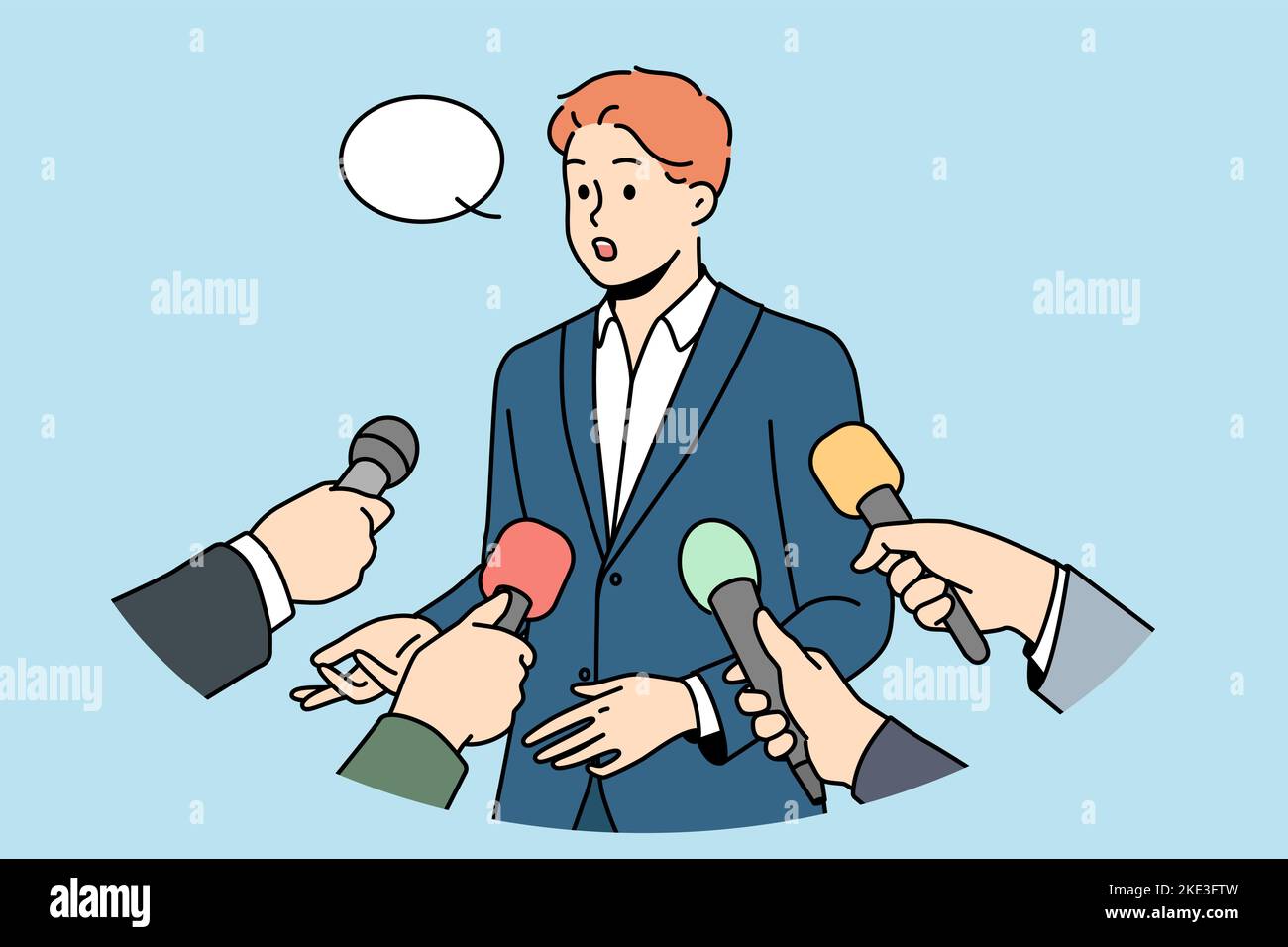 Male politician with speech bubble above head give interview to ...