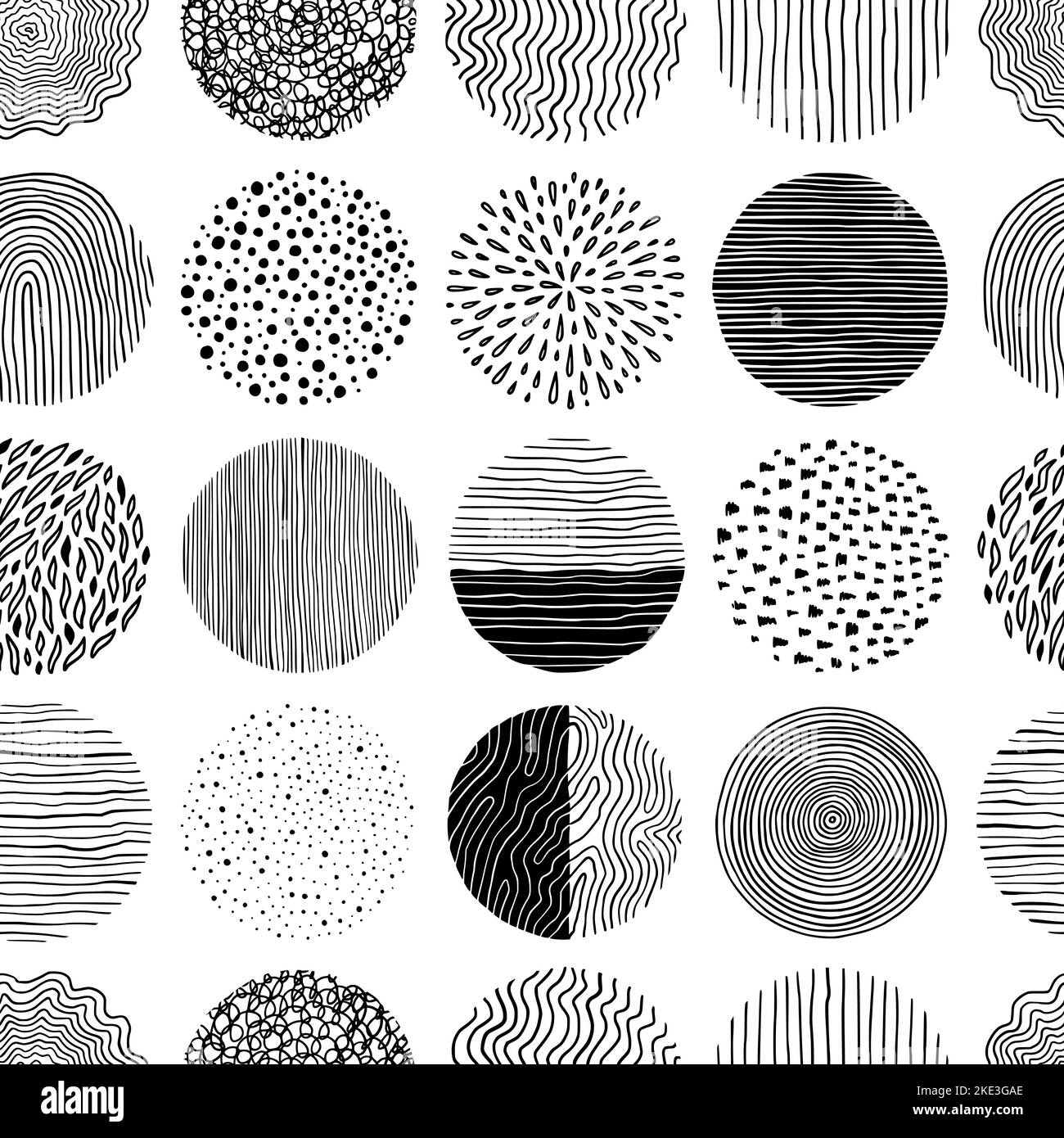 Hand Drawn Black White Circle Seamless Pattern Doodle Style Abstracrt Textured Scribble
