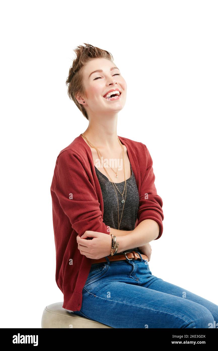 Laughter is a universal language. Studio portrait of a joyful young ...