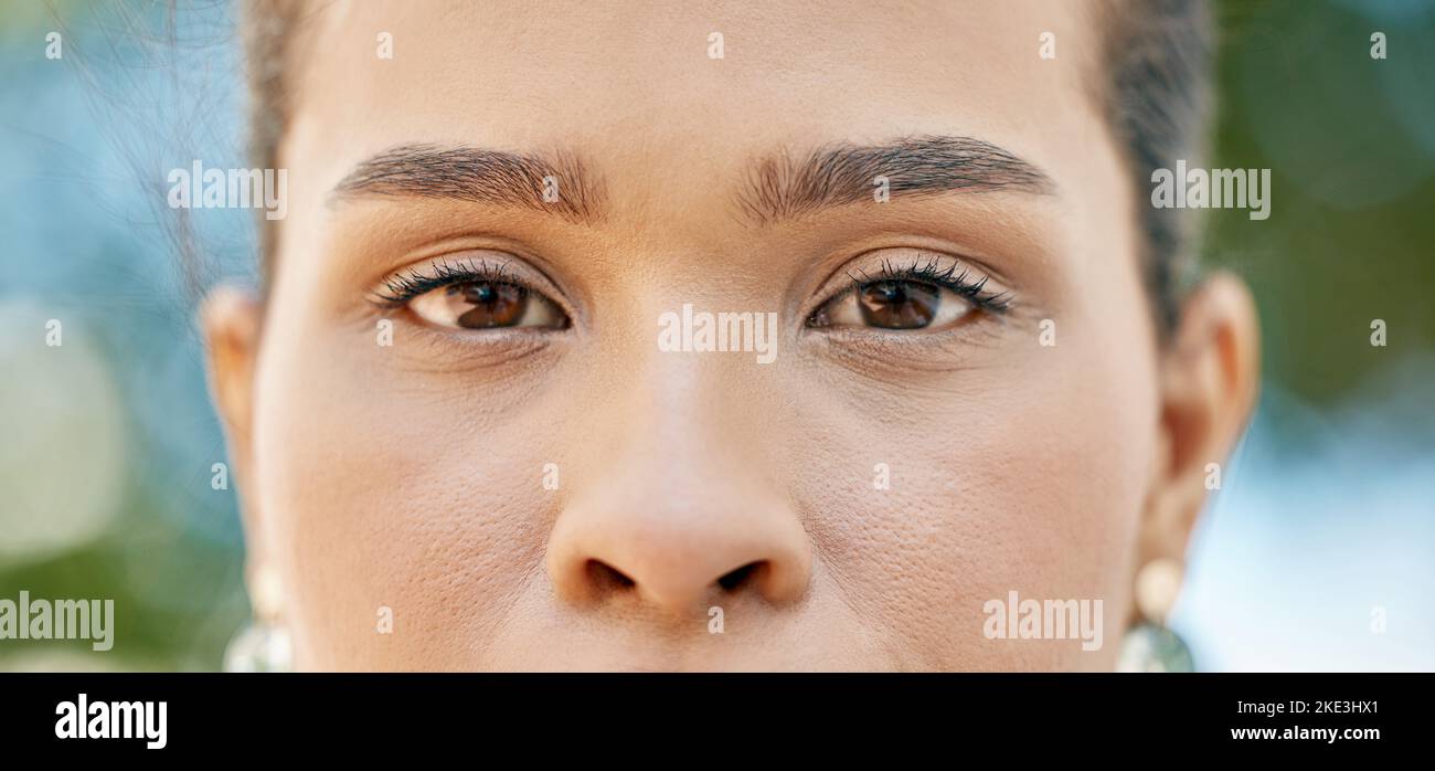 Face portrait, eyes and indian woman outdoor for vision, health and ...