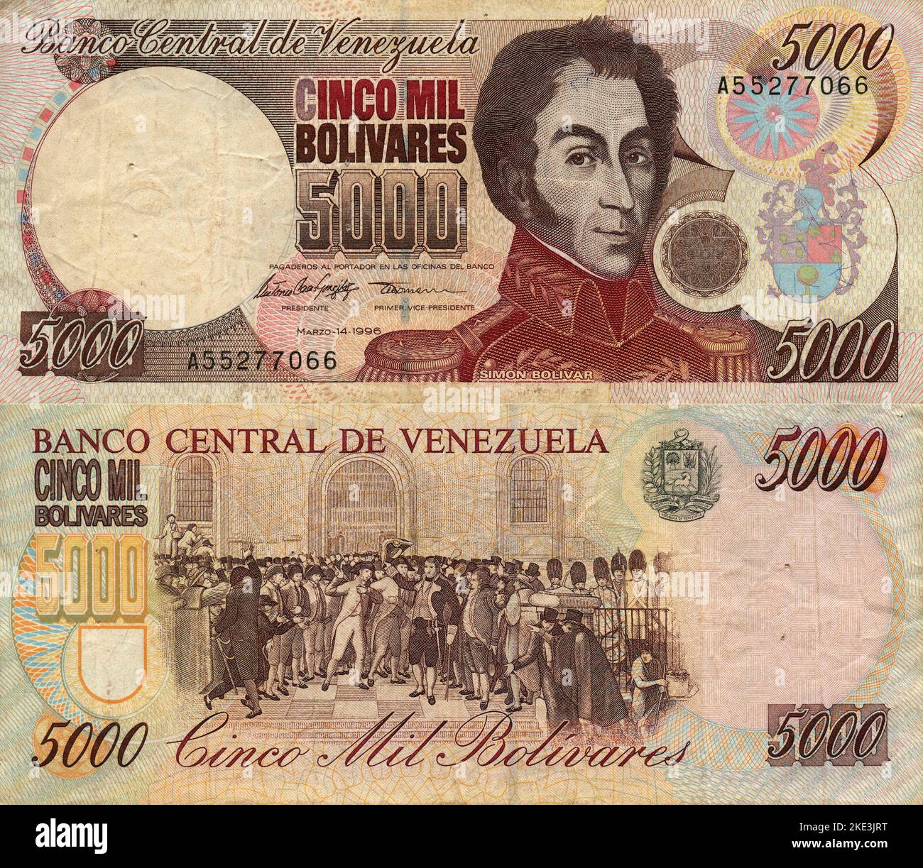 Central Bank of Venezuela 5000 Bolivares Banknote, Caracas 1996 Stock ...