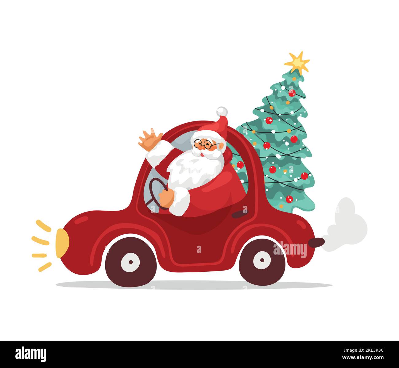 Santa Claus waves his hand and carries a Christmas tree in a red car ...