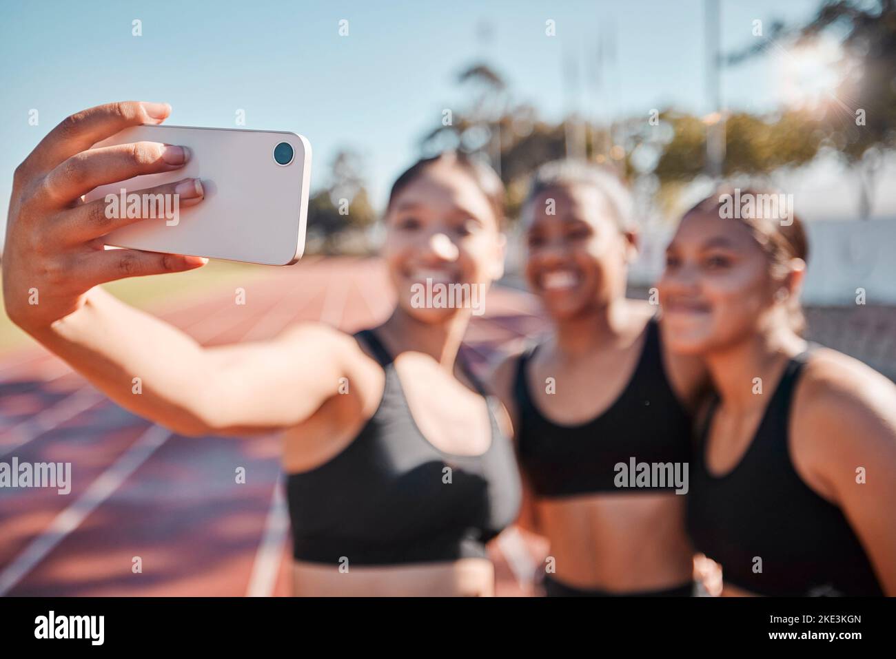 Selfie, smartphone and sports women group for fitness teamwork ...