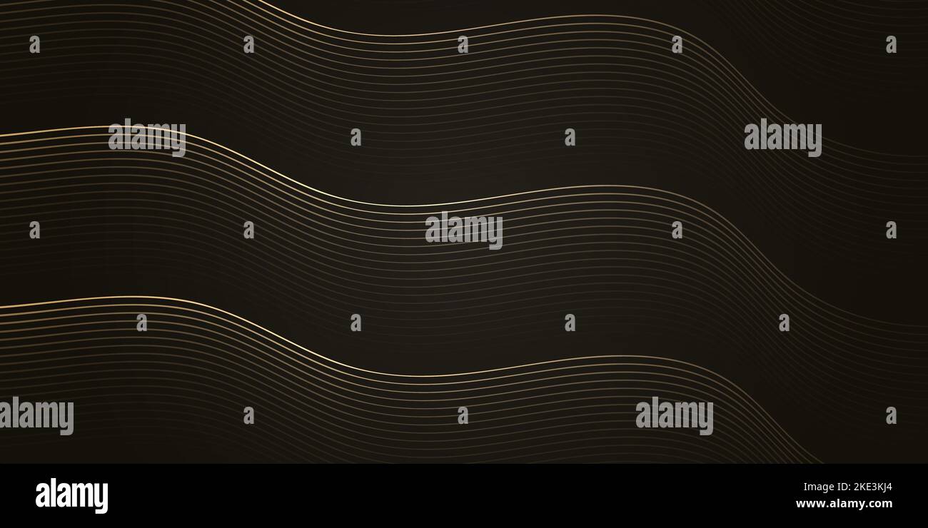 Abstract gold light wavy lines on black background. Luxury golden ...