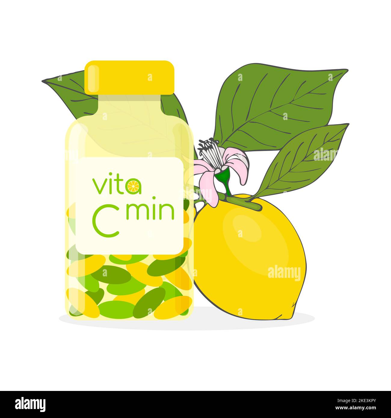Vitamin C bottle with capsules and branch with lemon fruit and flower ...