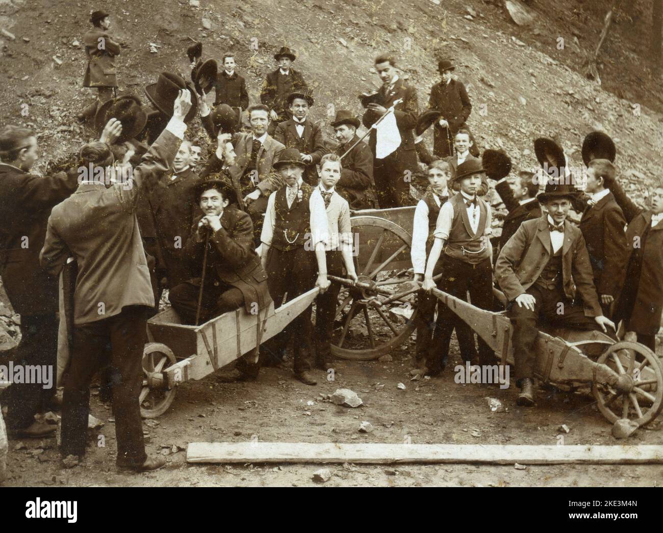 Group of men and boys with wooden wheelbarrows, Germany 1910s Stock ...