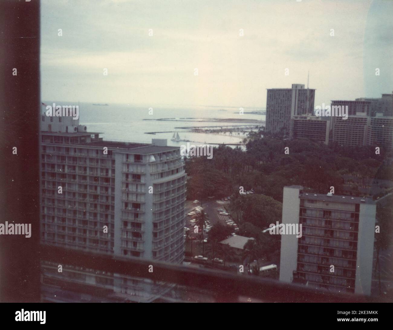 View of the city buildings from the hotel window, Honolulu, Hawaii 1968 ...