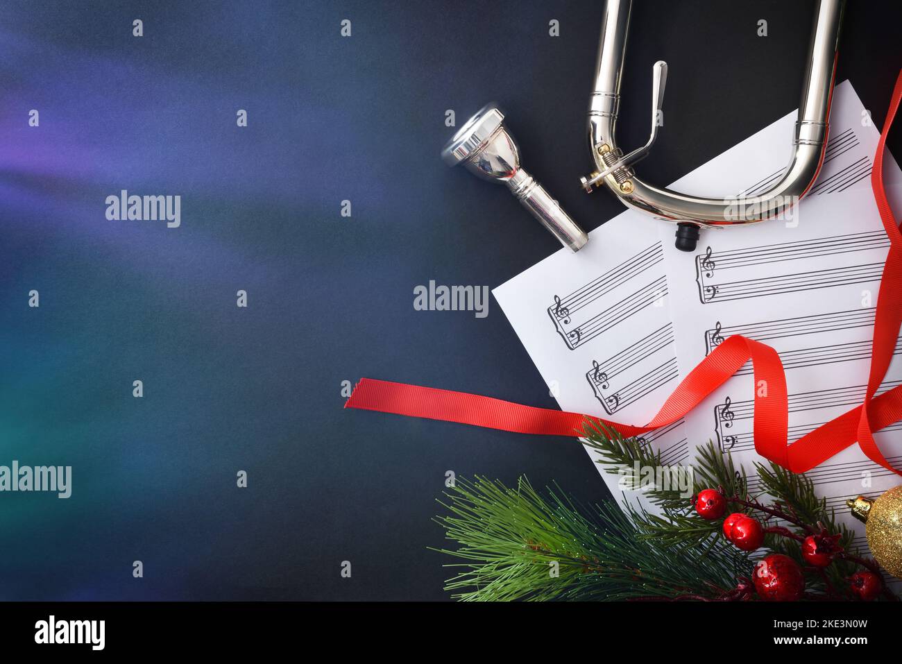 Trombone christmas music concert concept with christmas decoration ...