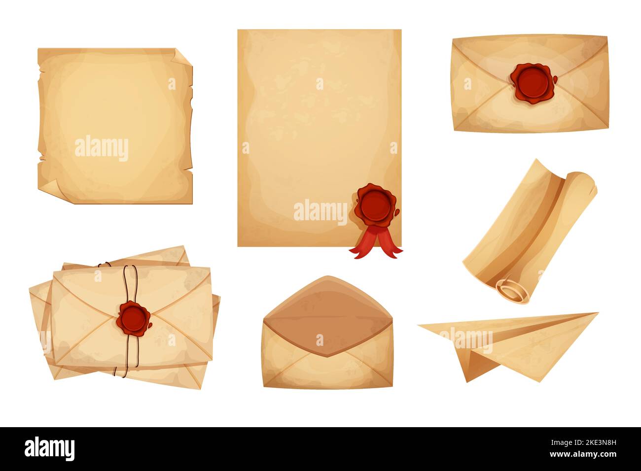 Set vintage magic envelope, letters, parchment paper, scroll with red ...