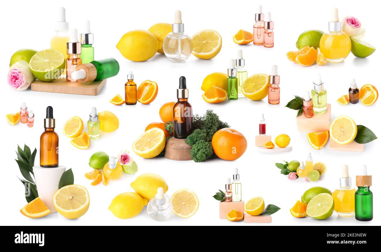 Set of citrus essential oils isolated on white Stock Photo - Alamy