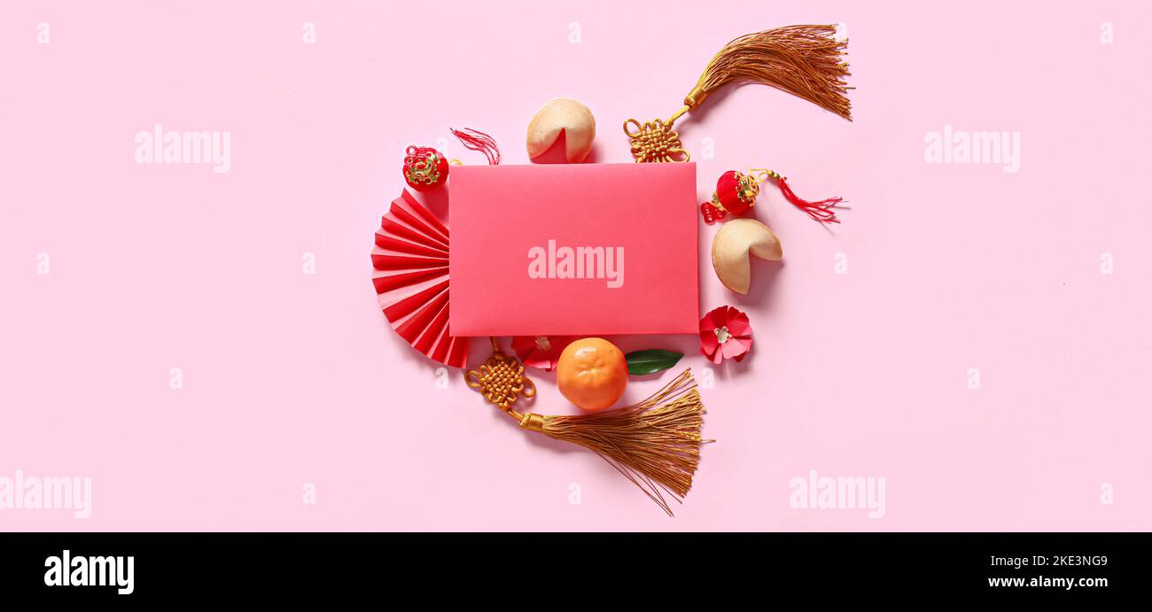 Empty greeting card with Chinese symbols on pink background. New Year ...
