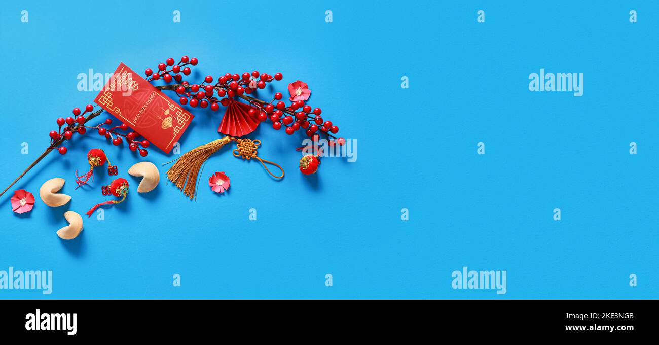 Chinese symbols on blue background with space for text. New Year ...