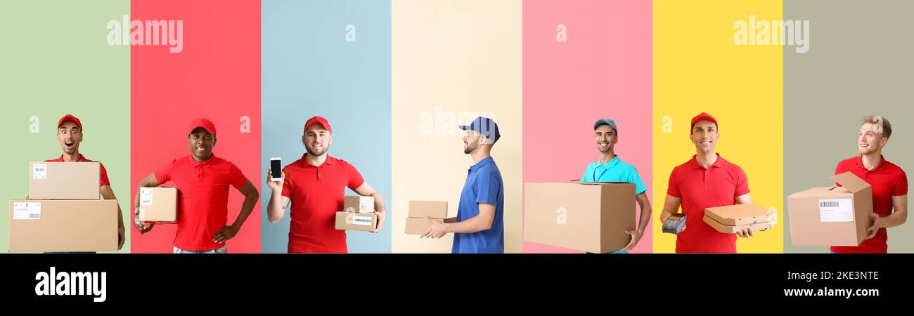 Set of delivery men on color background Stock Photo - Alamy