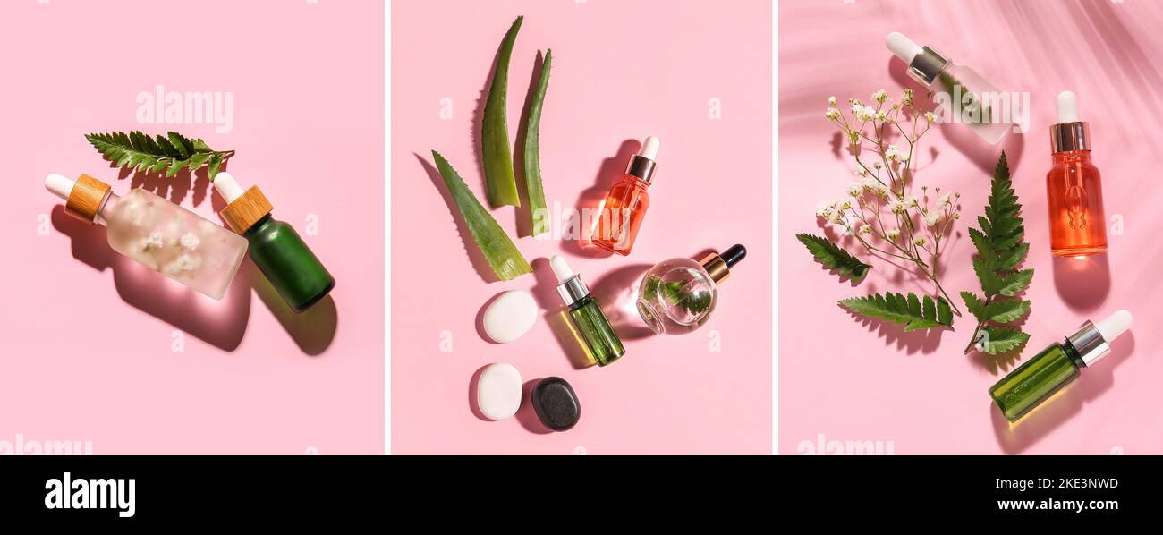 Collage with bottles of natural serum on pink background Stock Photo ...