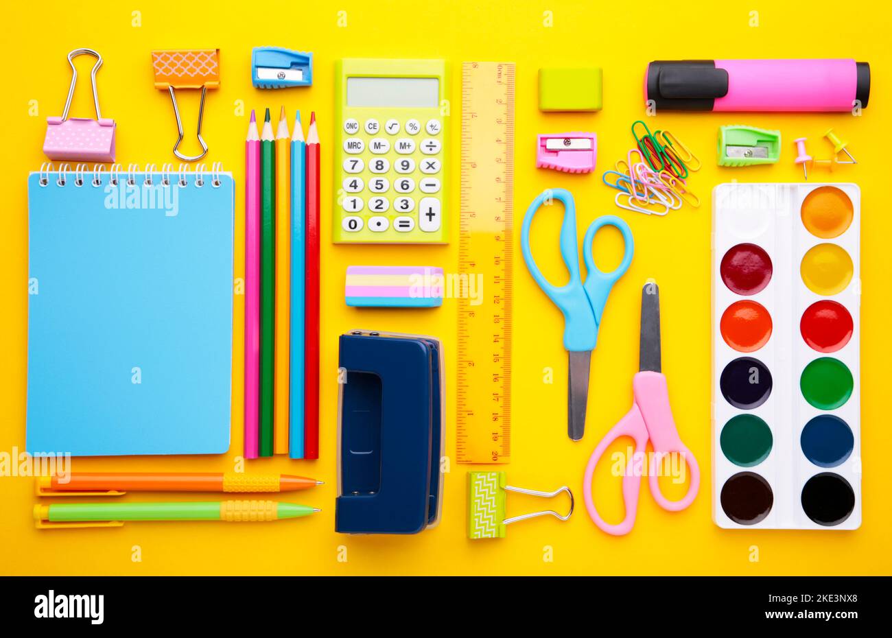 Back to school concept on yellow background. School concept Stock Photo ...